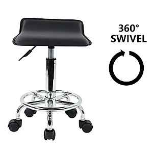 KKTONER Square Height Adjustable Rolling Stool with Foot Rest PU Leather Seat Cushion Spa Drafting Salon Tattoo Work Swivel Office Stools Task Chair Small (Black)