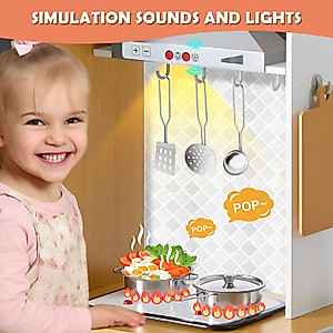 JOYLDIAS Kids Play Kitchen Set, Wooden Free Combination & Movable Pretend Toddler Kitchen Toy with Real Sound and Light, Ice Maker, Oven,Washer,Blackboard and Cookware Accessories for Age 3+ Toddlers