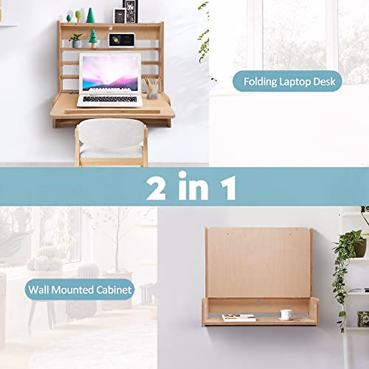 Foldable Wall Desk,Wooden Wall Computer Desk with Adjustable Shelves, Wall Mounted Folding Table with Storage for Small Spaces, Space Saving Floating Corner Desk, Wall Table(White)
