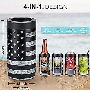 4-in-1 Slim Can Cooler Easy to Hold Insulated Beer Can Holder Double-walled Stainless Steel for All 12 Oz Cans (Black America Flag 2)