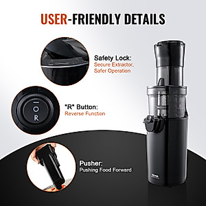 VEVOR Masticating Juicer, Cold Press Juicer Machine, Juice Extractor Maker with High Juice Yield, Easy to Clean with Brush, for High Nutrient Fruits Vegetables (Standard)