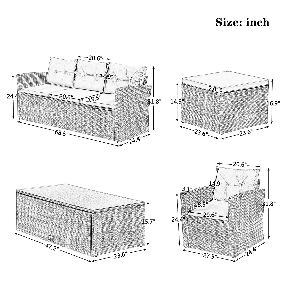BIADNBZ 6-Piece Patio Furniture Sets with Coffee Table and Ottomans, PE Rattan Outdoor Conversation Sectional Sofa Couch for Garden Backyard Poolside, Black Wicker+Beige Cushion