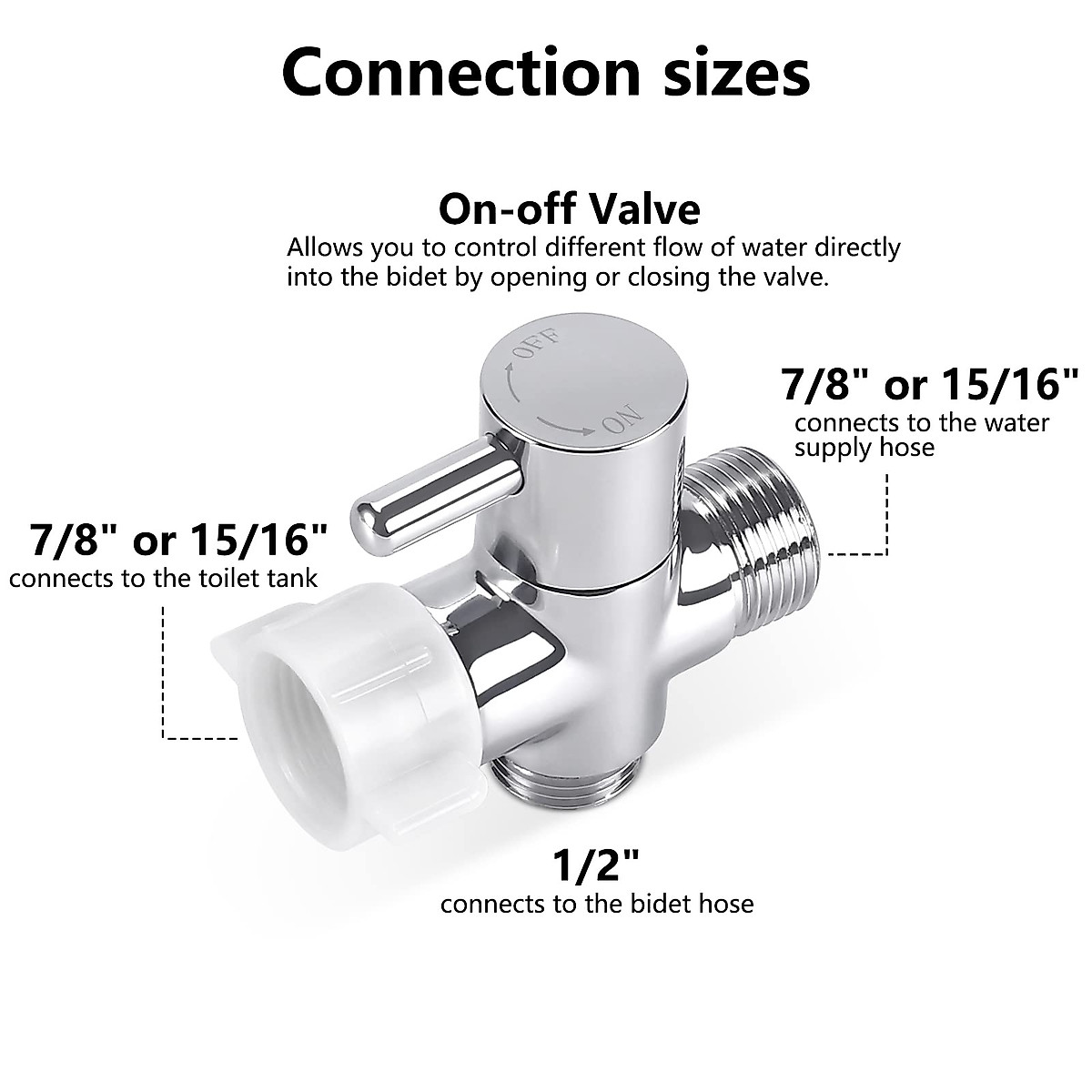 Bidet T Adapter with Shut-Off Valve, Brass T Valve Adapter for Bidet, 3 Way Tee Connector 7/8”1/2”16/15”, T Valve Bidet Attachment for Toilet