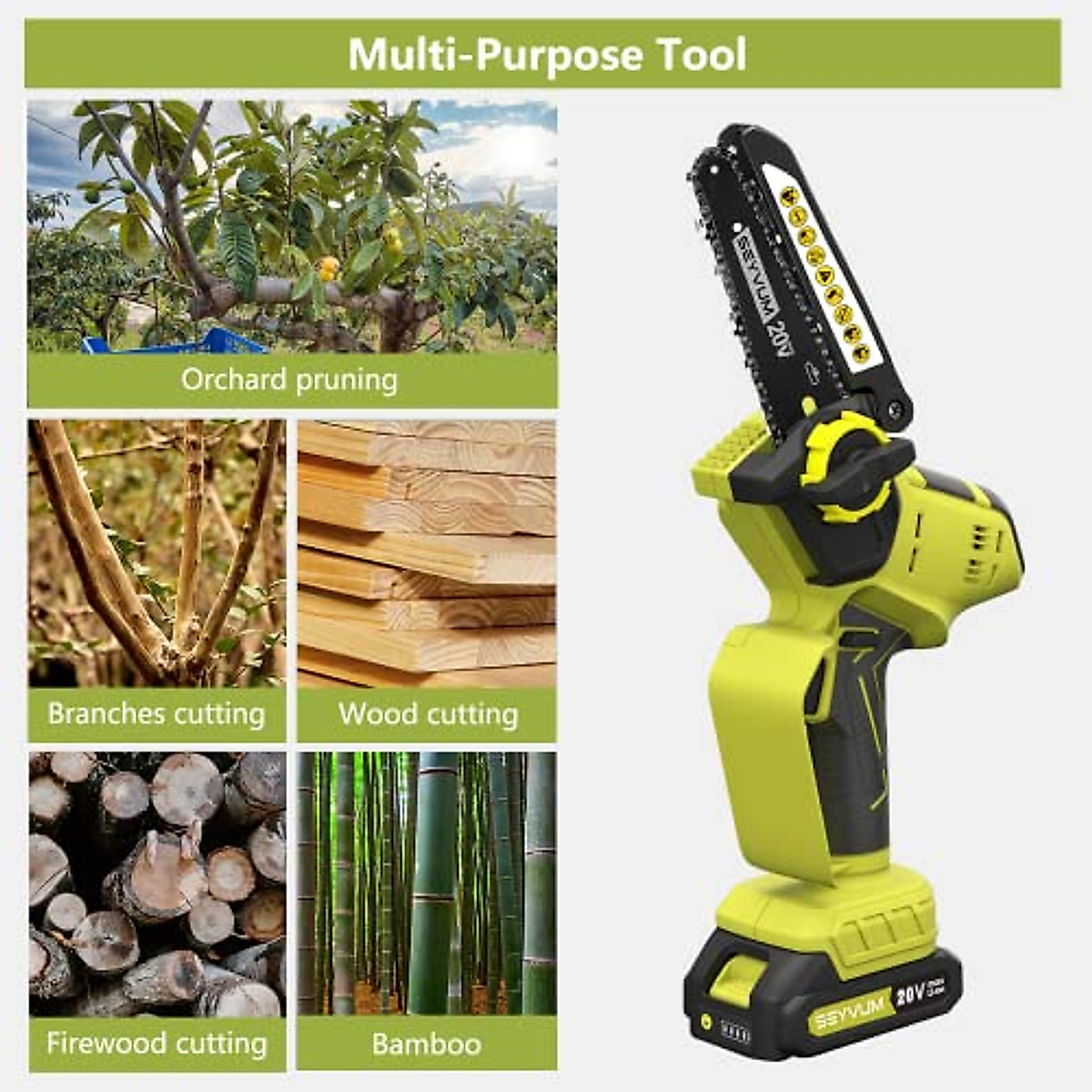 Mini Cordless Chainsaw Kit, SEYVUM Upgraded 6 Inch 2.9Lb One-Hand Handheld Electric Compact Portable Chainsaw, 20V 2.0Ah Rechargeable Battery Powered, for Tree Trimming and Branch Pruning Wood Cutting