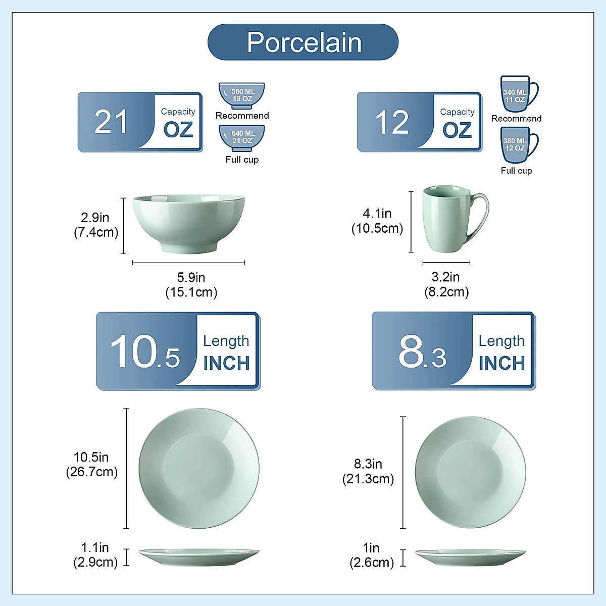 LOVECASA Dinnerware Sets for 4, 16-Piece Green Dishes Set, Porcelain Plates and Bowls Sets with Dinner Plates, Dessert Plates, Bowls and Mugs, Microwave Dishwasher Safe, Light Green