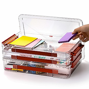 Mezchi Set of 3 Portable Paper Storage Box Organizer, 9" X 14" Clear Plastic File Storage Box with Lids, Stackable Document Box Project Case for Organizing A4 File Paper, School Supply, Craft