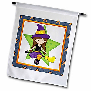 3dRose Cute Girl Witch On Her Broom Against A Green Star Halloween Design - Flags (fl-369148-1)