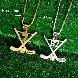 AILIN 925 Sterling Silver Custom Hockey Necklace With Lucky Number and Name Personalized Engraving Pendant Ice Hockey Sticks Sports Chain Charm Athletic Jewelry Gifts For Men Son Women