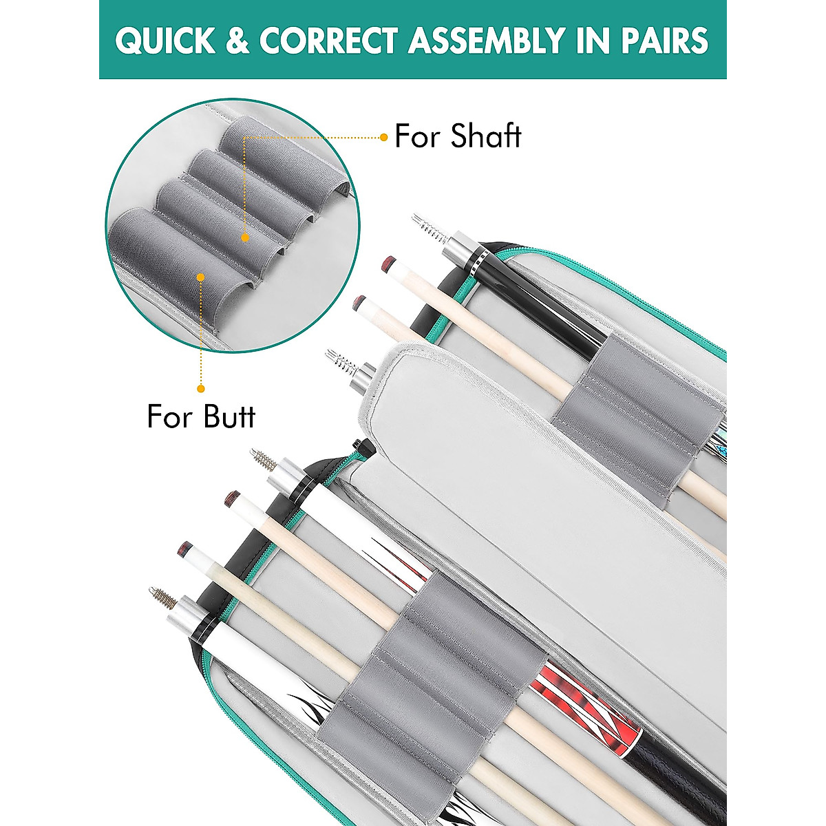 PEKREWS Pool Cue Case 4x4 Pool Stick Bag with Backpack Straps Soft Billiard Cue Carrying Case with Shoulder Strap, Billiard Stick Case Holds 4 Butts 4 Shafts and Billiards Accessories, Black