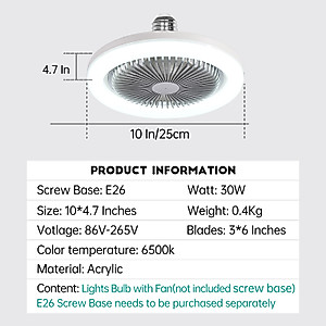 CICIYIG Small Ceiling Fan Indoor with Lights Bulb 10" E26 Screw Base Enclosed Ceiling Fan with Lights 30W Low Profile Ceiling Light Fan for Kitchen Garage RV Basement Socket Fan Light 6500K (White-1)