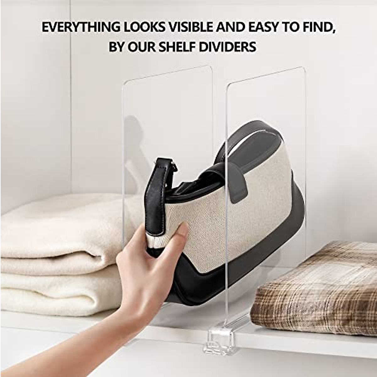 HBlife 6 Pack Clear Shelf Dividers, 12 Inches Tall Vertical Purse Organizer for Closet Perfect for Sweater, Shirts, Handbags in Bedroom and Kitchen, Adjustable Acrylic Bookshelf for Organization