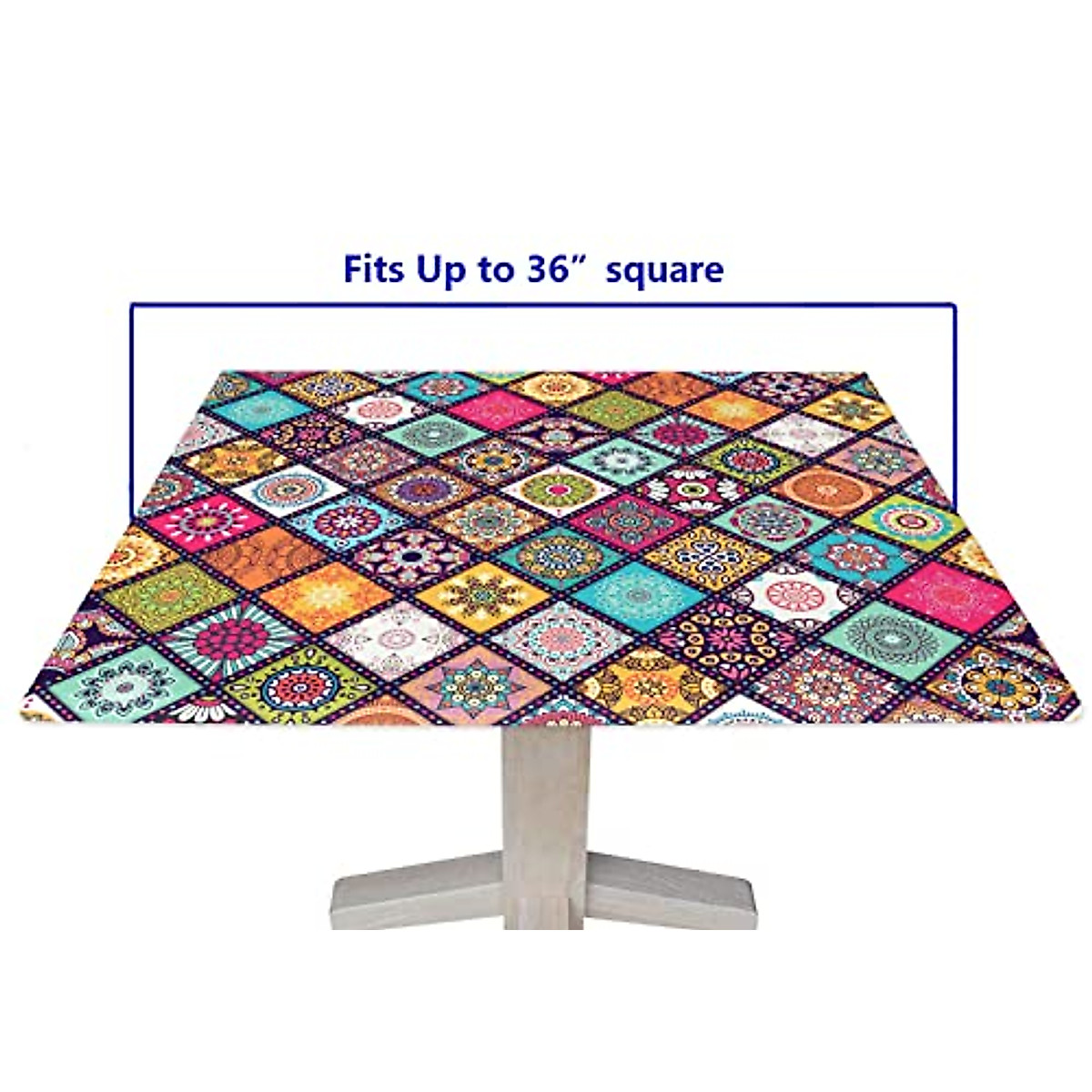 Boho Spring Fitted Tablecloth Square, Buffalo Plaid & Flower Elastic Edge Decor Table Clothes, Stain Wrinkle Resistant Polyester Table Cover for Indoor Outdoor Picnic Party Use, Fits 36x36 inch Table