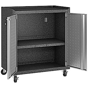 Pemberly Row Space Saving Metal 3 Piece Garage Storage Set with 2 Mobile Cabinets with Doors and 72" W Worktable