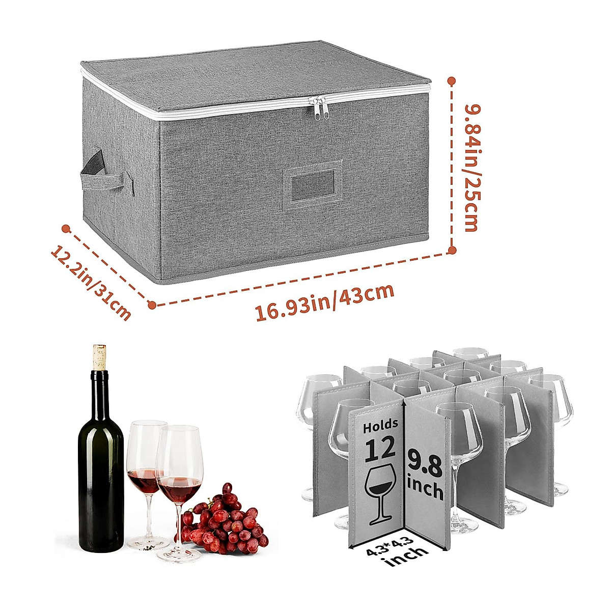 BOHEMIABY Wine Glass Storage Box with Dividers, Glassware Storage Containers-Holds 12 Red or White Wine glasses, Champagne Flutes, Crystal, Hard Shell and Stackable, Label Window