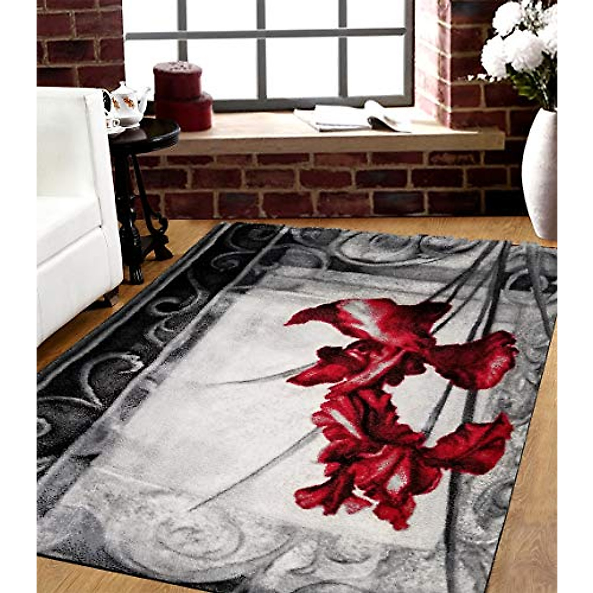 HT Design Rectangular Area Rug for Living Room, Floral Black and Red 7x10 Modern Rugs, Easy to Clean, Pet Friendly Indoor Carpet for Living Room