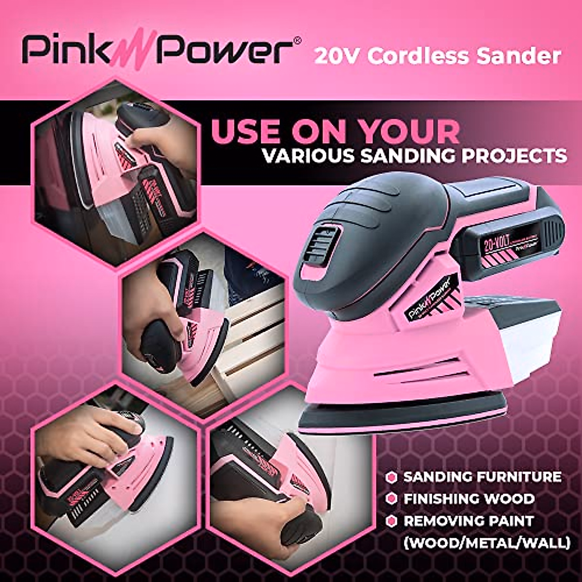 Pink Power Sandpaper for 20V PP204 Cordless Electric Hand Sander - Detail Sand Paper Hook & Loop P60/P80/P120 Grit Sandpaper Pads for Wood, Furniture, & Wall - Sanding Sheets for Palm Sander