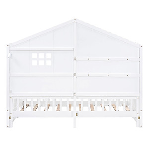 SOFTSEA Twin Size House Bed for Kids, Low Loft Bed with Storage Shelves, Wood Bed Frame with Window and Sparkling Light Stripe on The Roof, Kids Twin Bed Frame, No Box Spring Needed, White