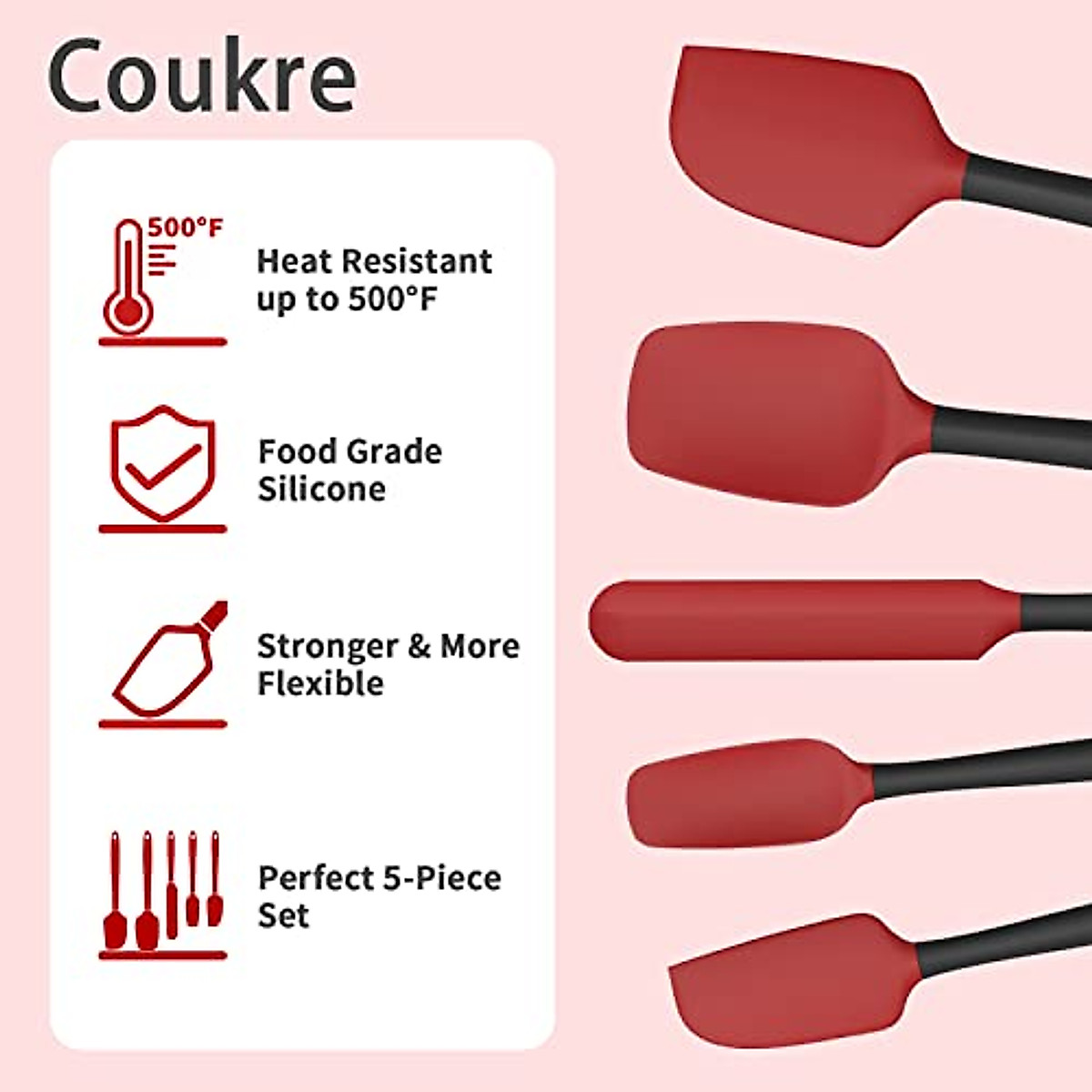 Silicone Spatula Set of 5,High Temperature Resistant, Food Grade Silicone, Dishwasher Safe, for Baking, Cooking (Red)