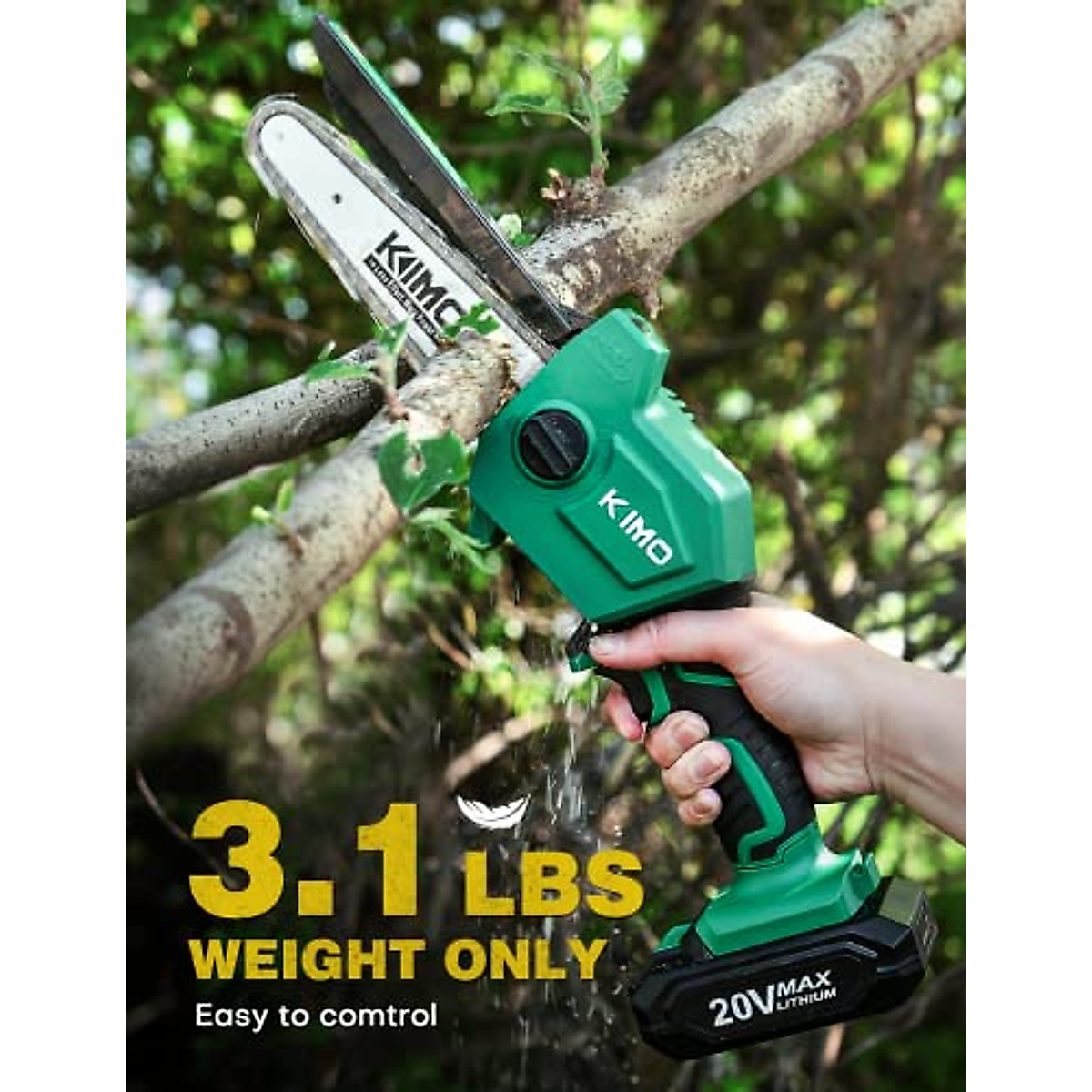 KIMO 6 Inch Mini Chainsaw Cordless, 2.3Lb Lightweight Handheld Chainsaw with Safety Lock, 20V Battery Powered Chainsaw, Portable Electric Chainsaw for Wood Cutting Tree Trimming