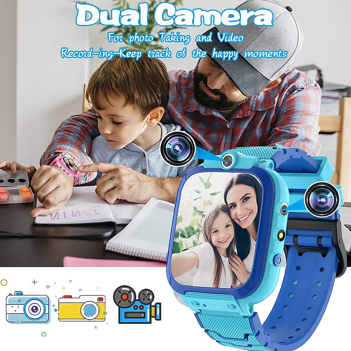 Kids Smart Watch for Boys Girls Game Smartwatch with 14 Educational Games HD Dual Camera Touchscreen Music Video Player 12/24 Hr Alarm Clock Pedometer Toddler Watch Learning Toys (Blue)