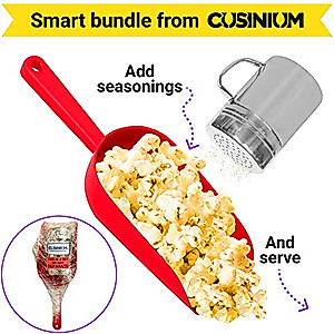 CUSINIUM Red Popcorn Plastic Scoop with Popcorn Salt Shaker (Handle, Plastic Cap) - Popcorn Concession Supplies Bundle