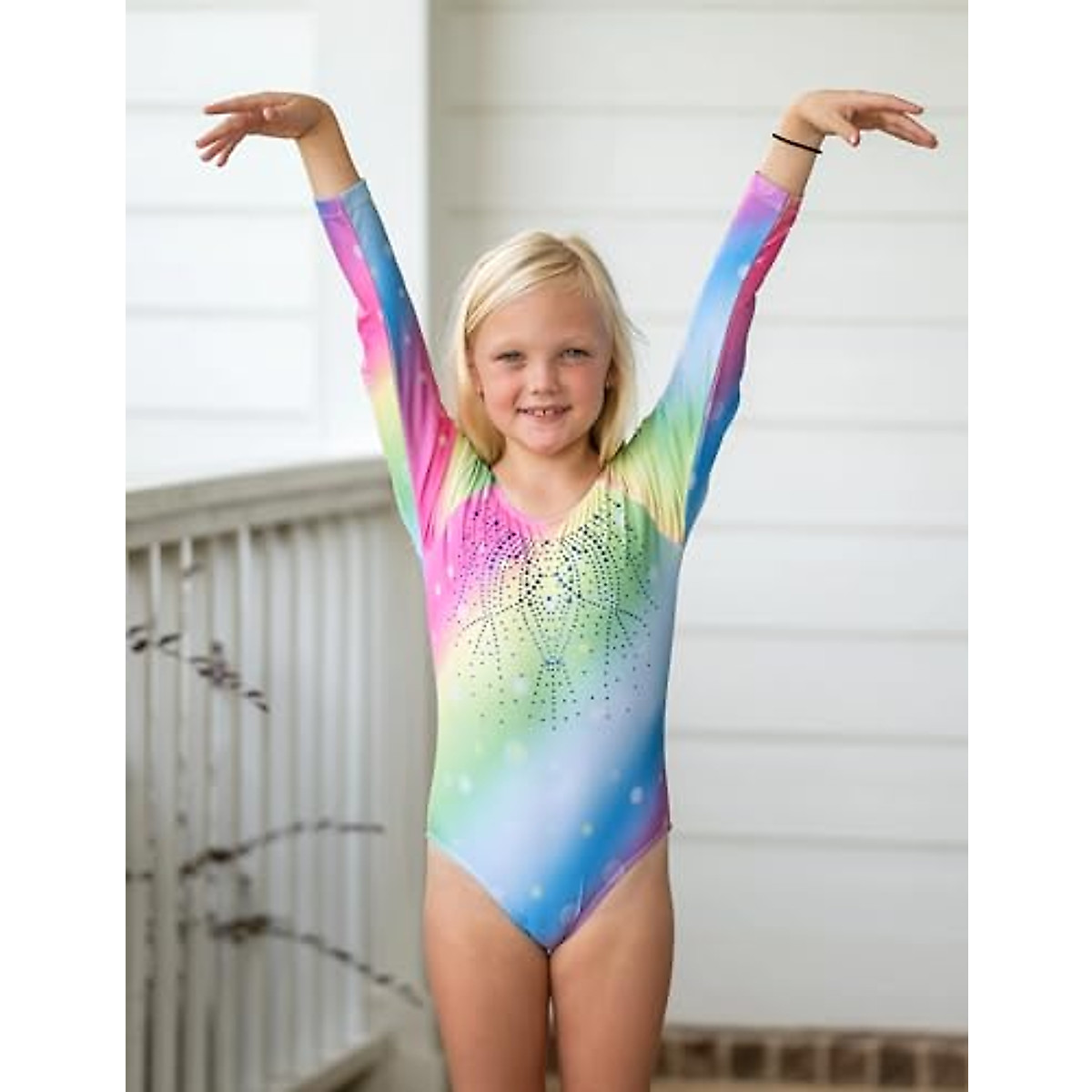 Zaclotre Kid Girls Gymnastic Leotard Long Sleeve Color Gradient Sparkly Ballet Dance One Piece Outfit 140(6-7Y)