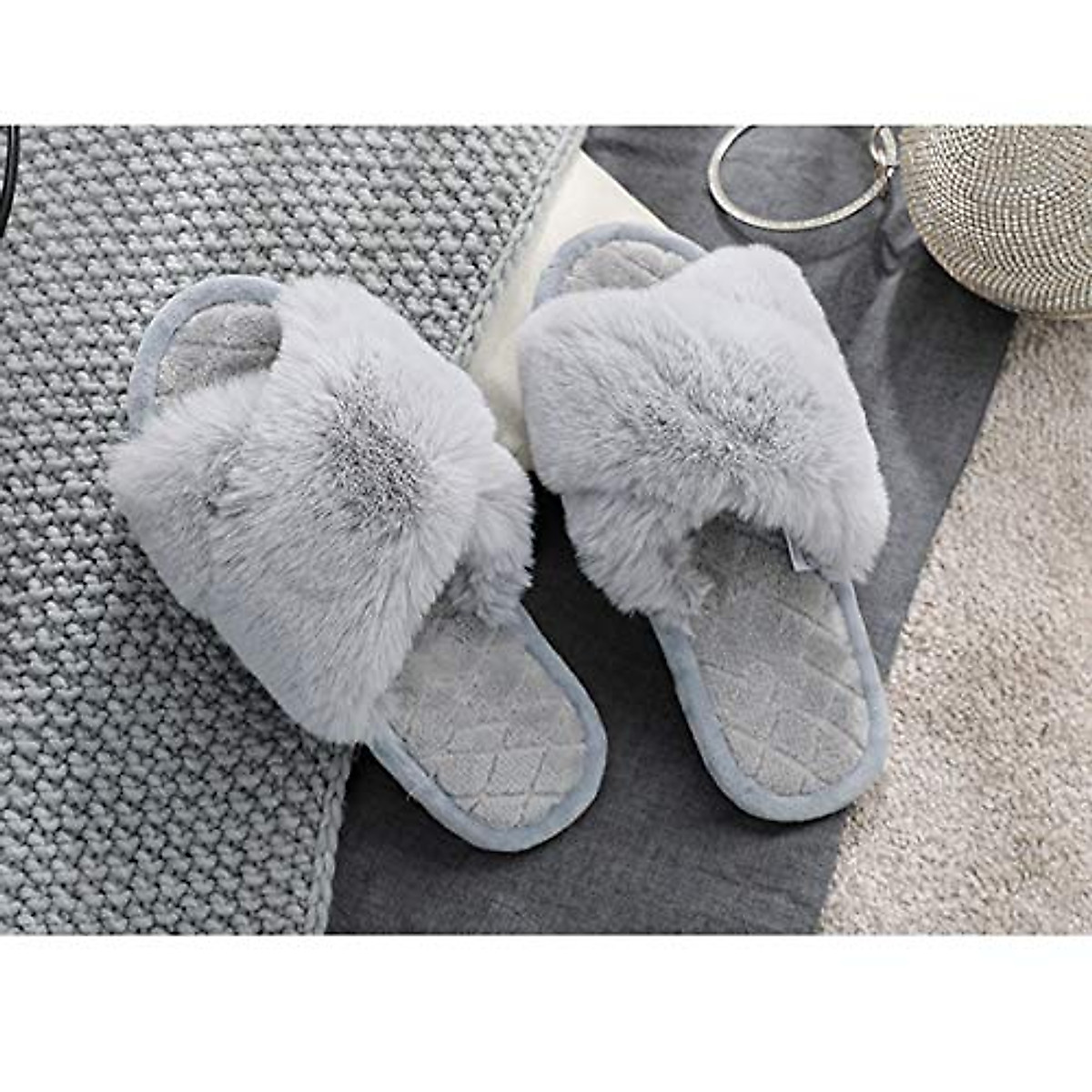 HUMIWA Grey Women's Cross Band Slippers Soft Open Toe Furry Cozy Fur House Slippers Memory Foam Sandals Slides Soft Anti-Slip on Home Slippers for Girls Men Indoor Outdoor