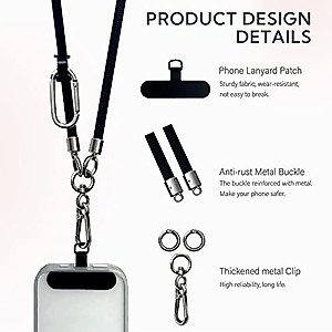 BFSD·DM Cell Phone Lanyard, Universal Crossbody Patch Phone Lanyards,2× Phone Patches,Nylon Phone Lanyards for Around The Neck,Compatible with Most Smartphones(Black,51 inch)