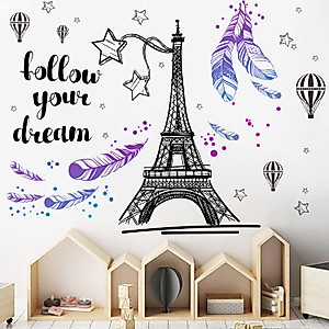 RW-4939 Giant Eiffel Tower Wall Decals Purple Feather Stars Vinyl Wall Stickers DIY Removable Balck Unique Paris Hot Air Balloons Stars Decor for Kids Teens Bedroom Living Room Nursery Decoration