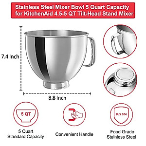 5 Quart Stainless Steel Mixer Bowl for KitchenAid Classic&Artisan 4.5-5 QT Tilt-Head Mixer, Fits for K45SS, KSM70, KSM90 KSM150, KSM155, KSM165, Polished Surface, Dishwasher Safe