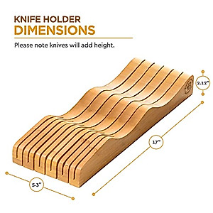 In-Drawer Knife Block Organizer - Bamboo Wood Drawer Knife Organizer - Holds 5 Long + 6 Short Knives (Not Included) - Store Knives with Blades Pointing Down