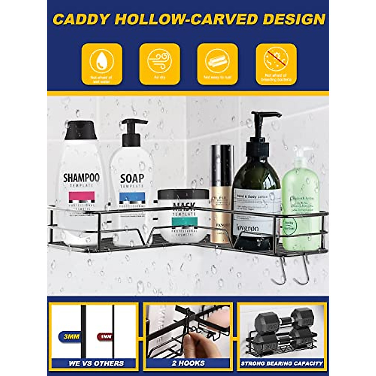 GOJUSO 2 Size Corner Shower Caddy Hair Dryer Holder Wall Mounted Toothbrush Holder Phone Stand for Desk No Drilling Hanging for Bathroom/Kitchen/Rustproof