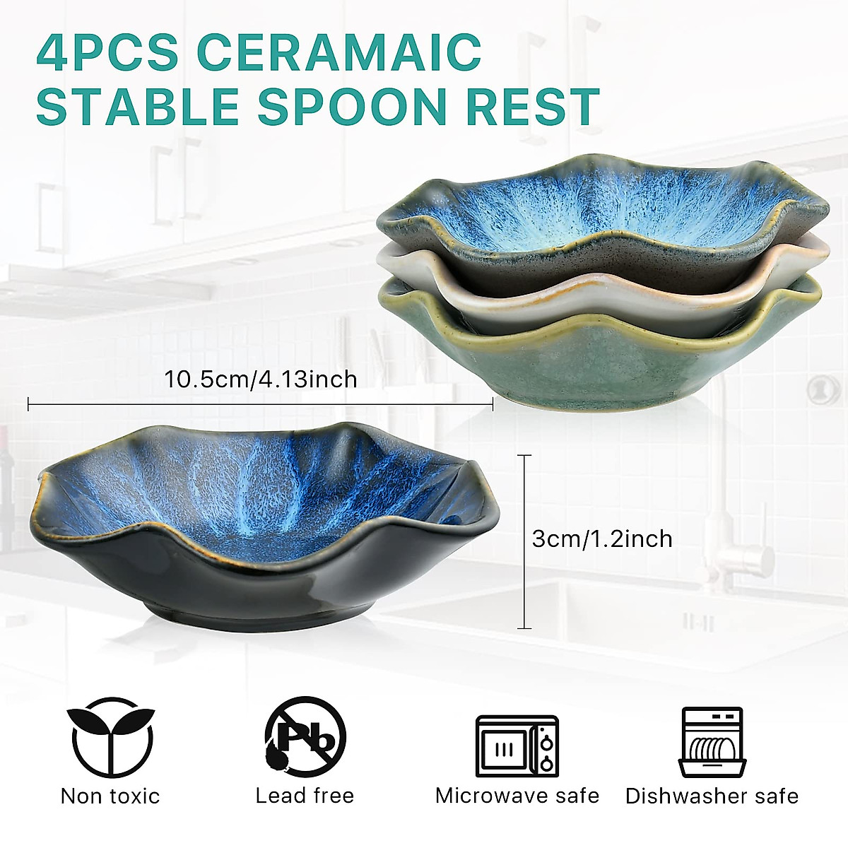 Worldity 4 Pack Ceramic Spoon Rest, Glaze Coffee Spoon Rest, Heat Resistant Spoon Rest for kitchen Counter, Utensil Rest for Kitchen Restaurant Home Use