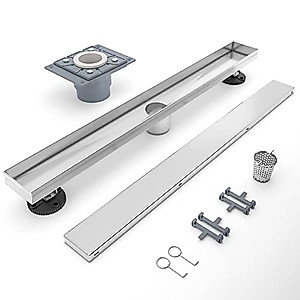 SR SUN RISE 24 Inch Linear Shower Floor Drain with Extra PVC Shower Drain Base, Rectangle Shower Drain with Tile Insert Grate and Hair Strainer Adjustable Leveling Feet, Brushed 304 Stainless Finished
