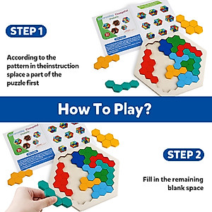 Skrtuan Wooden Blocks Puzzle for Kid Adults Brain Teaser Hexagon Puzzles Games Toy Shape Pattern Block Tangram Geometry Logic IQ STEM Montessori Educational Gift for All Ages Boys Girls Challenge
