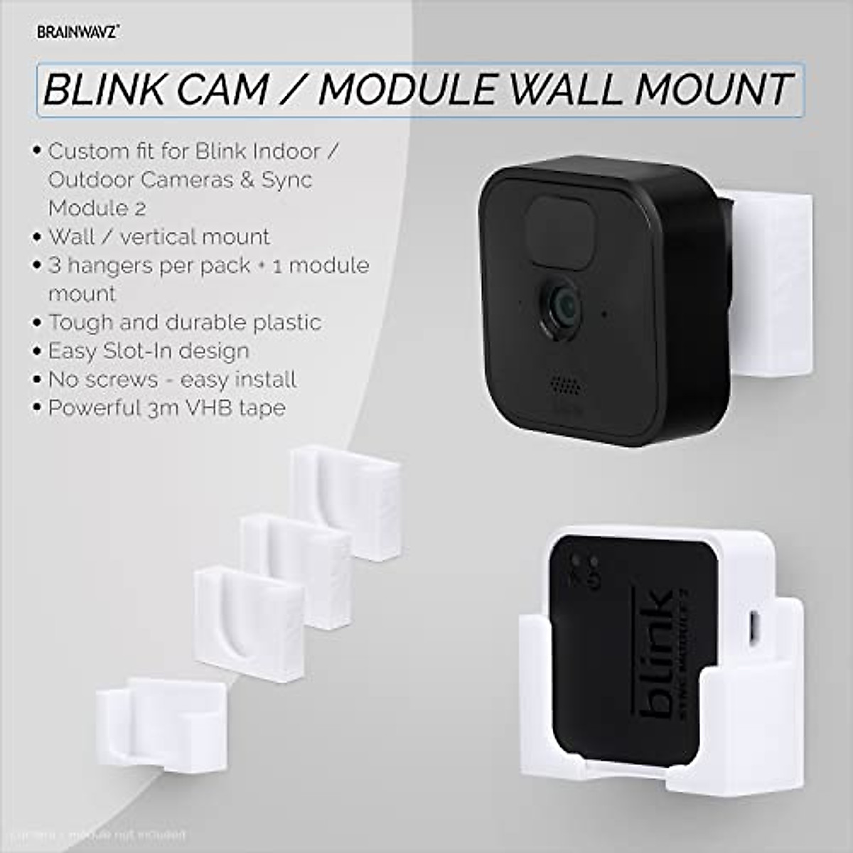 BRAINWAVZ Adhesive Blink Outdoor & Indoor Wall Mount, 3+1 Pack with Sync Module Camera Holder, No Hassle Installation, No Screws, Easy to Install, No Mess Bracket Stand, (White)