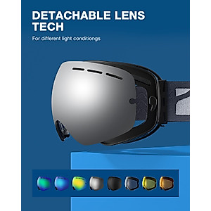 ZIONOR X Ski Snowboard Snow Goggles OTG Design for Men & Women with Spherical Detachable Lens UV Protection Anti-Fog