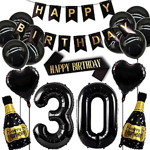 30th Birthday Decorations for Women & Men, All-Black 30th Birthday Decor, Party Decorations Large Number 30 Balloons