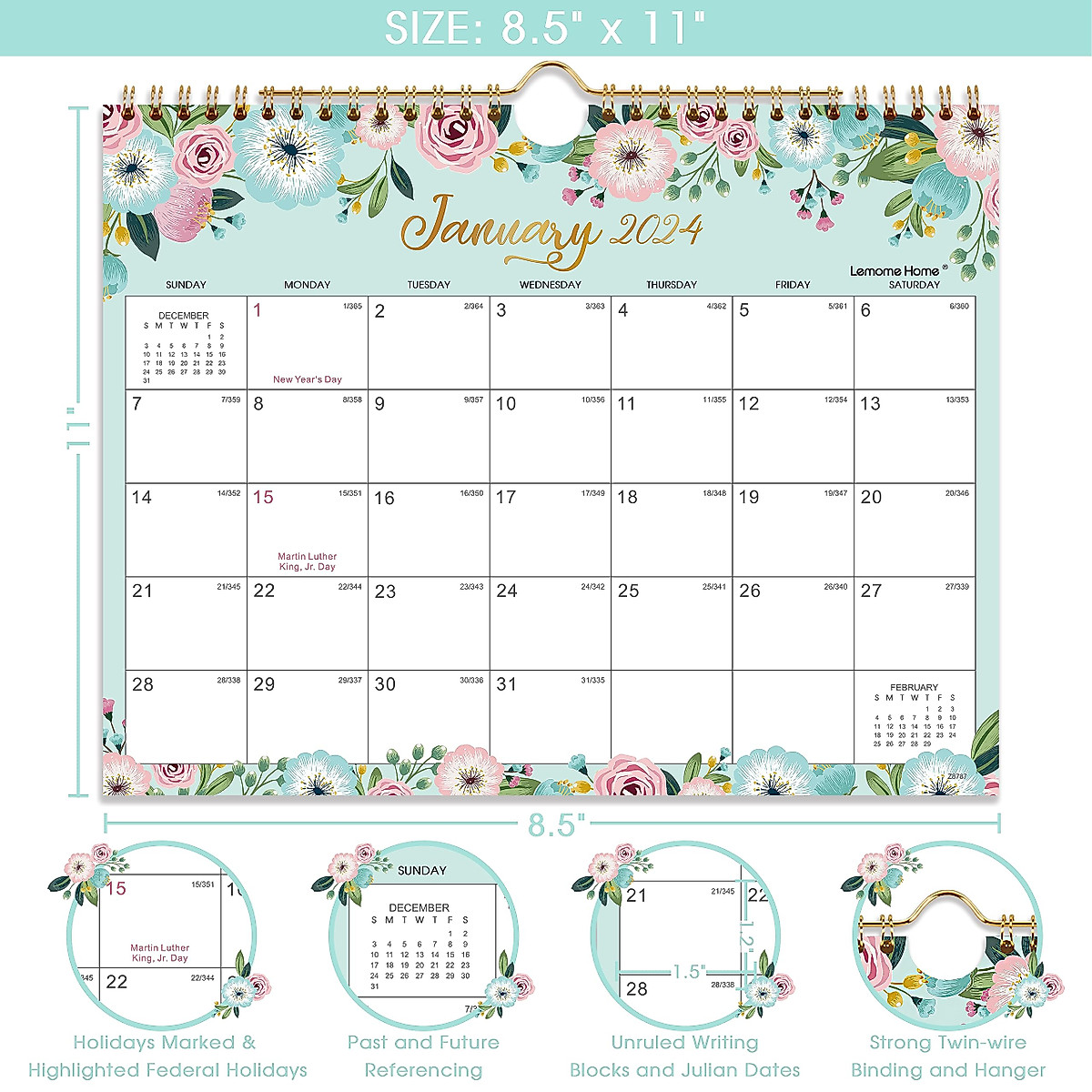 2024 Wall Calendar - 2024 Calendar, 12-Month Calendar 2024, 11" x 8.5", Twin-Wire Binding + Hanging Hook + Thick Paper + Unruled Blocks with Julian Dates - Floral