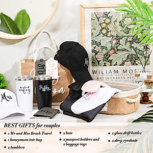 Rtteri 14 Pieces Wedding Gifts for Couple Mr and Mrs Honeymoon Gifts Bride and Groom Gifts Include Wedding Towels 20 oz Wine Tumbler Hat Passport Holder Baggage Tag Glass Bottle Honeymoon Tote Bag