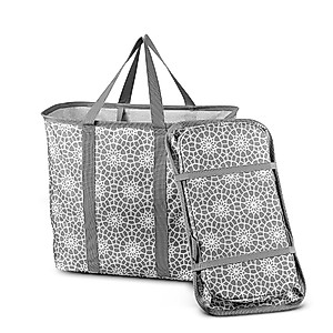 YOHOM Portable Laundry Caddy, Collapsible Basket Tote, Space-Saving Foldable Laundry Hamper, Pop-Up Storage Basket with Long Carry Handles for Dorm Dirty Clothes (Gray Flower, Large)