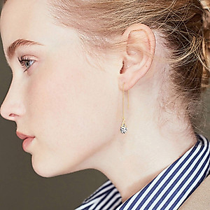 Gold Plated Threader Earrings Sterling Silver Teardrop Drop Pull Through Threader Earrings with Cubic Zirconia