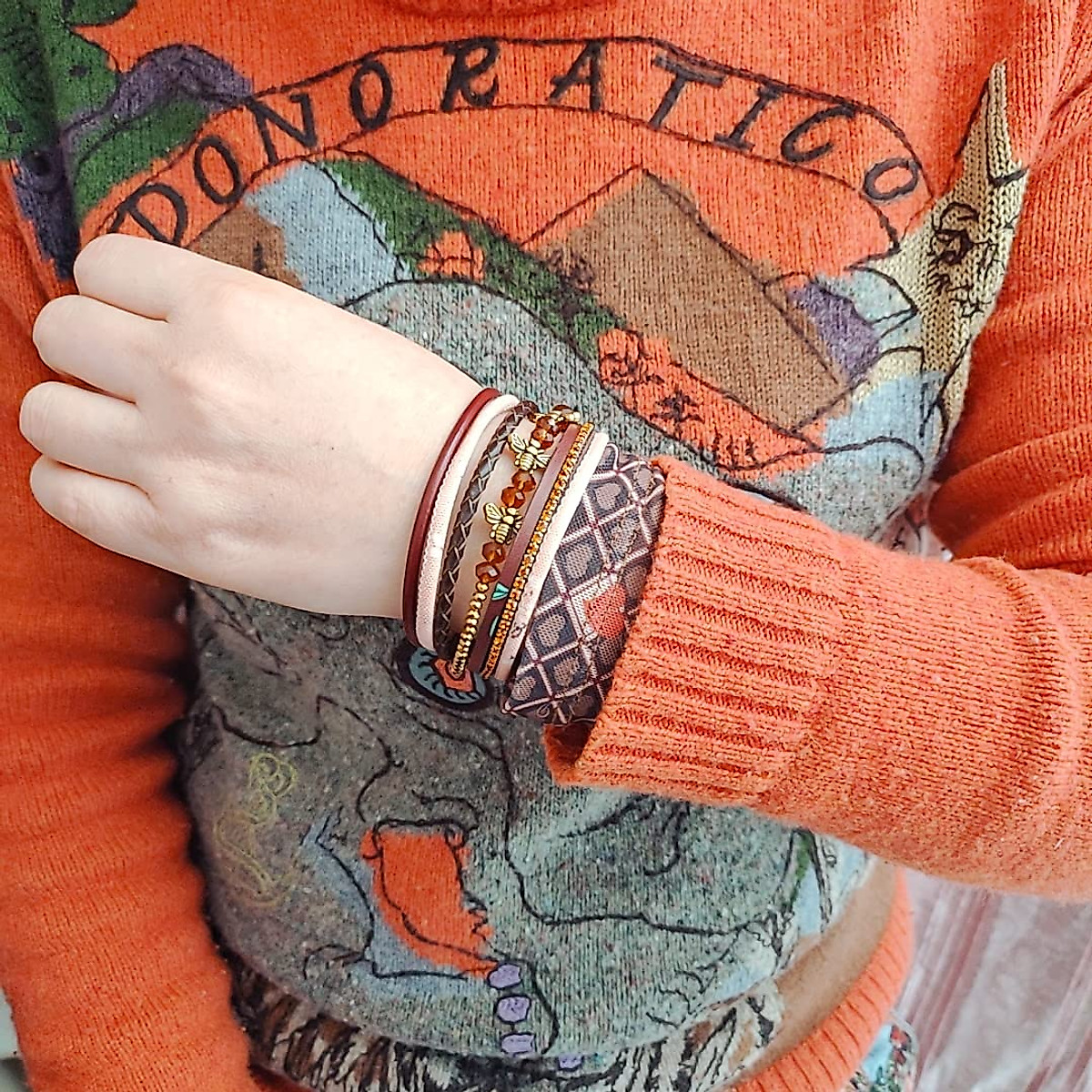 GelConnie Leather Wrap Bracelet Women's Leather Cuff Bracelets Honey Bee Multi Strand Boho Bracelet for Women