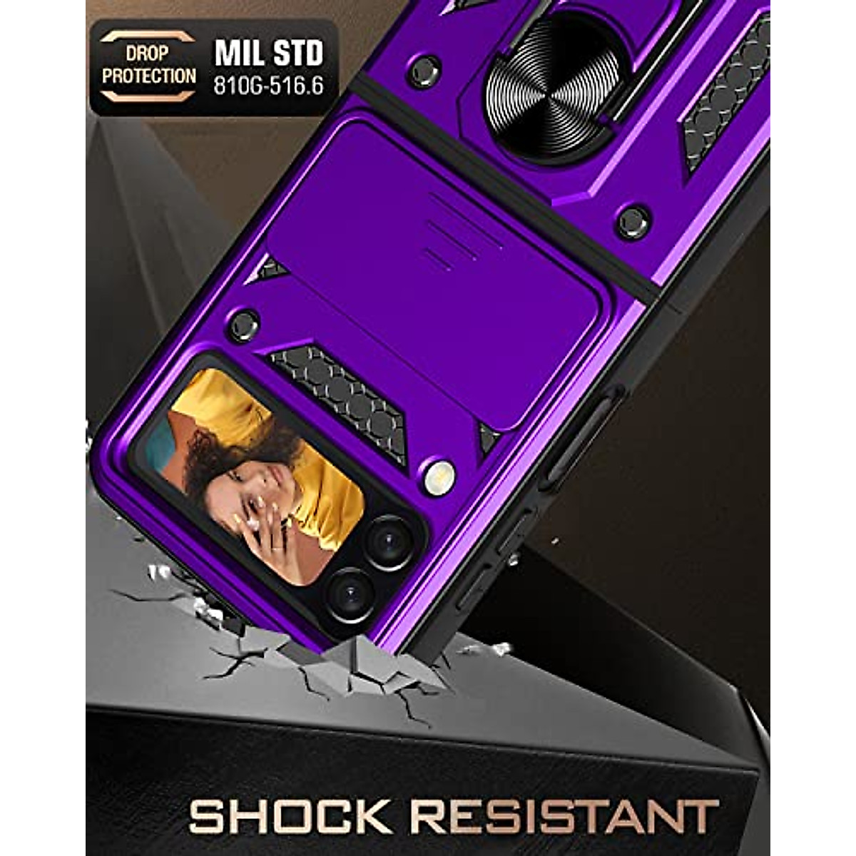 AICase for Samsung Galaxy Z Flip 4 Case, with Ring Kickstand and Camera Cover, Shockproof Flip Phone Case for Galaxy Z Flip 4 5G [Support Magnetic Car Mount], Purple