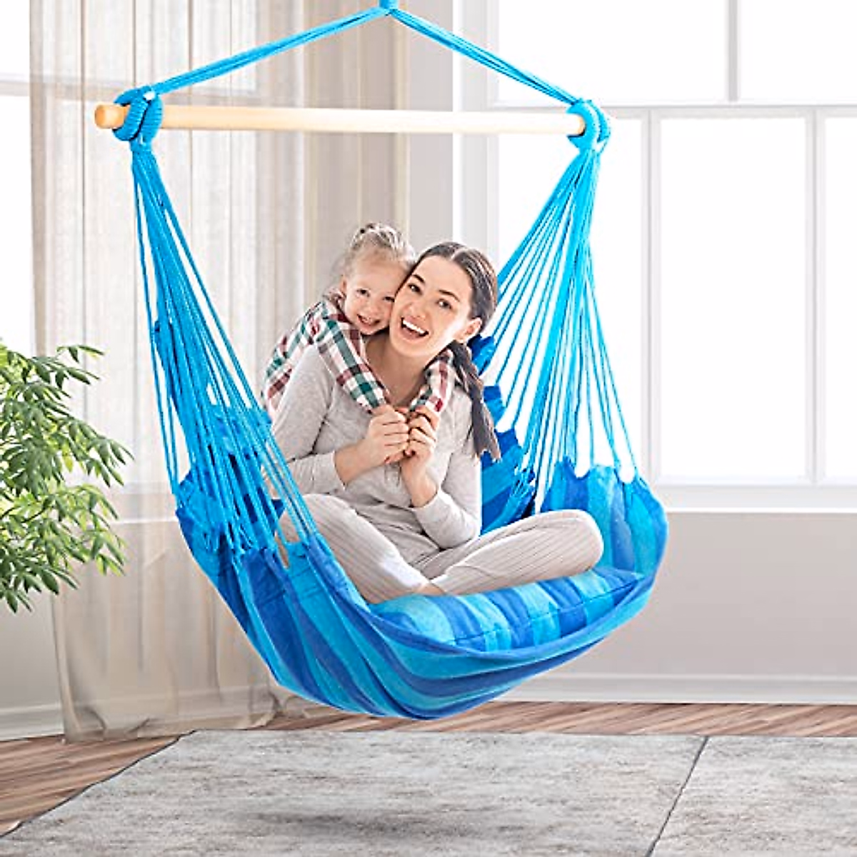 Tangkula Hanging Hammock Chair, Hanging Swing Chair with 2 Pillows, Wood Support Bar, Handmade Cotton Rope Hanging Seat for Indoor Outdoor, Ideal for Bedroom, Patio, Yard, Garden
