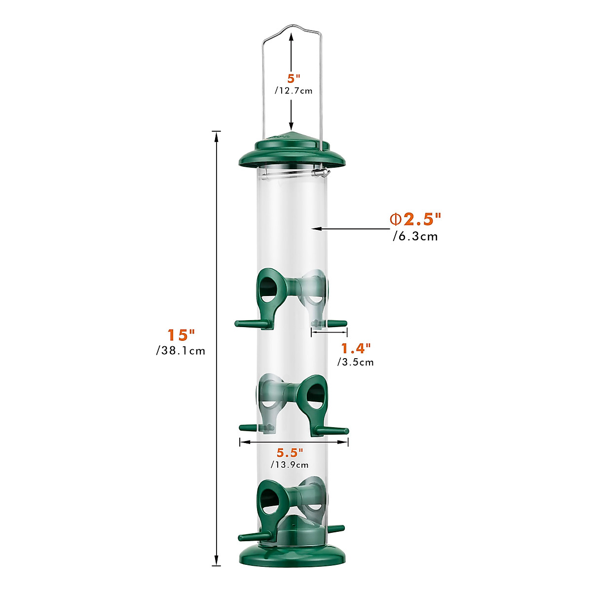 iBorn Metal Bird Feeders 6 Ports Hanging Wild Bird Seed Feeder for Mix Seed Blends, Niger Seed Feeder, Sunflower Heart, Birdbath, Heavy Duty All Metal Green Finishing 14 Inch 6Port