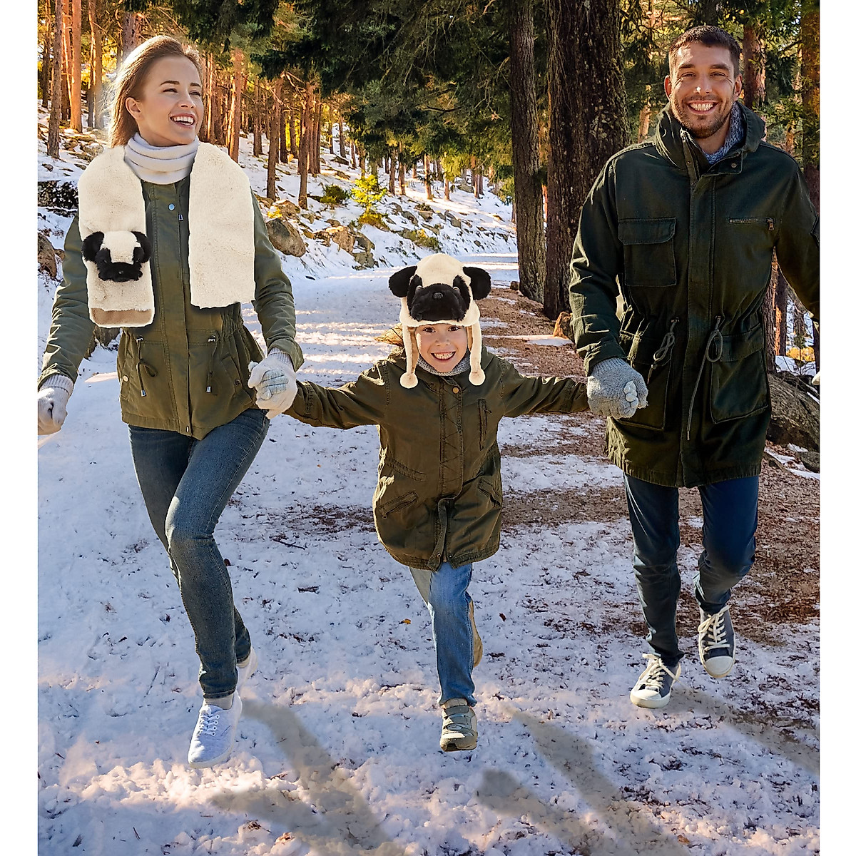 DolliBu Pug Dog Plush Hat and Scarf Set – Super Soft Pug Dog Stuffed Animal on Hat and Scarf, Cozy Winter and Snow Accessories for Kids and Adults–One Size