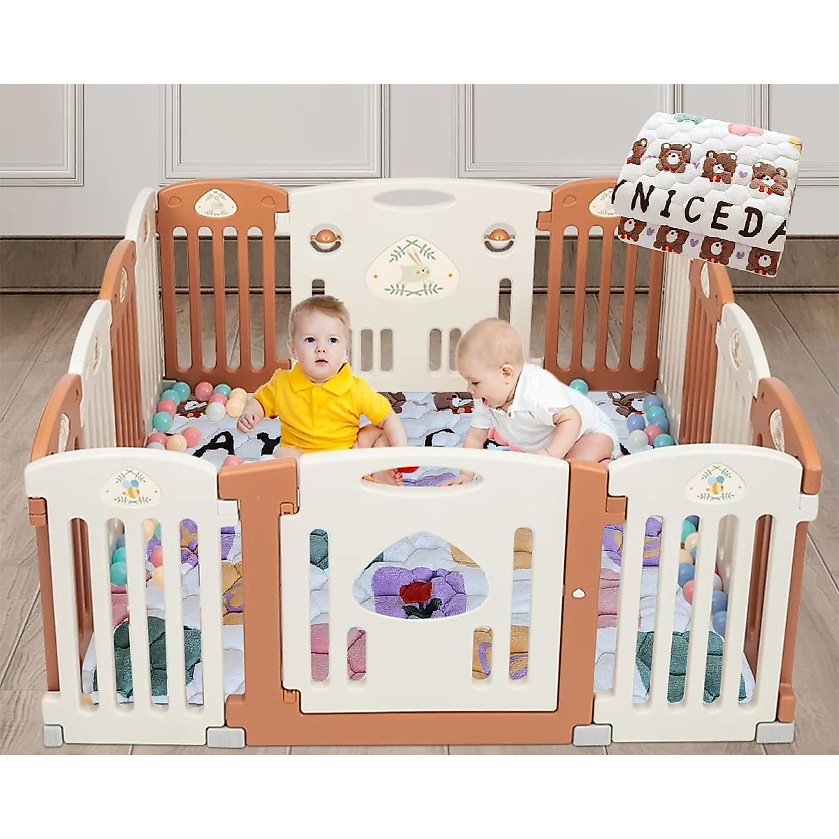 YANGSHILEI Playpen Mat 50x50, Thick One-Piece Crawling, Non-Slip Cushioned Baby Playmat for Infants,Babies,Toddlers, Coral Velvet Play Mat Machine Washable for Easy Storage(Pink Bear)