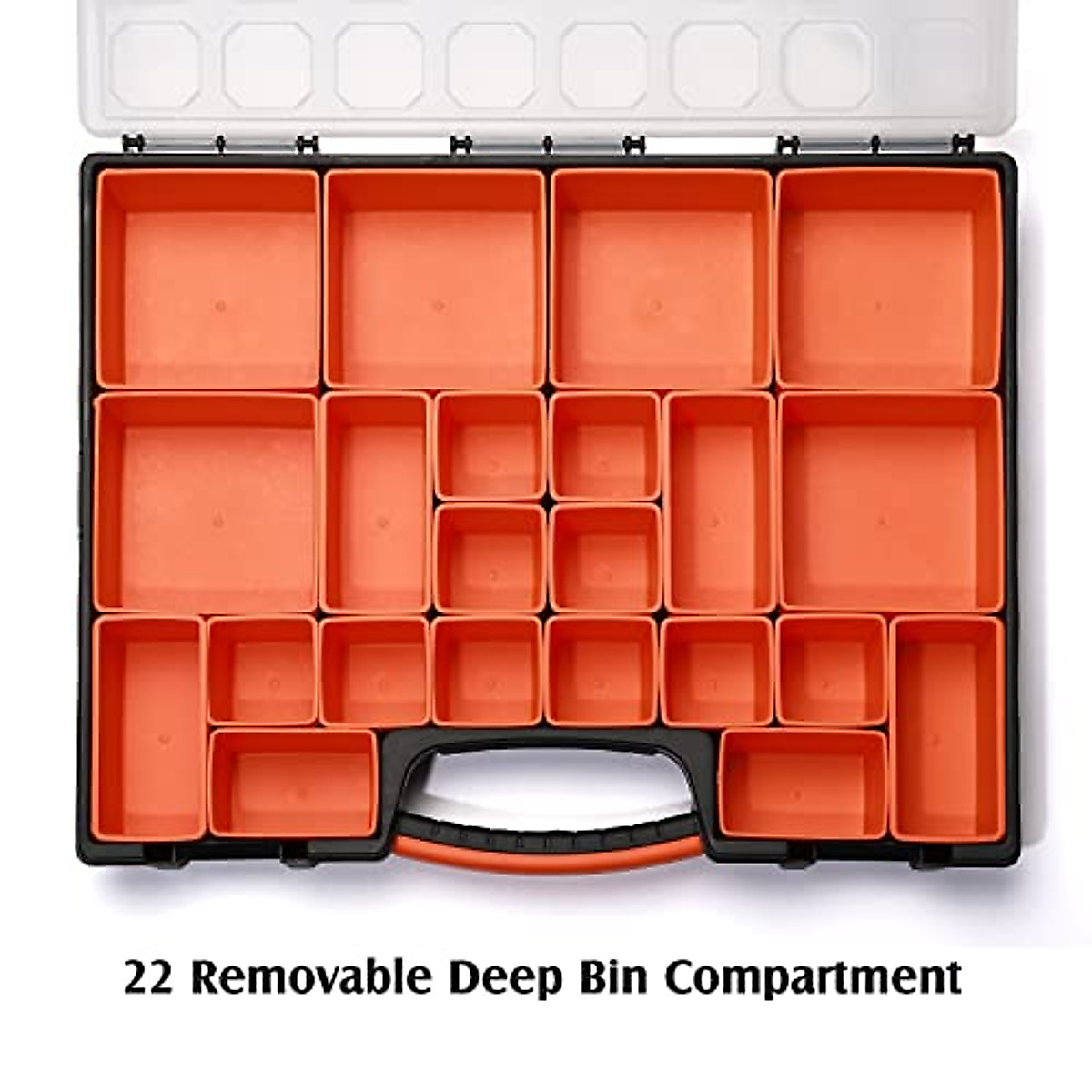MIXPOWER Portable Storage Organizer with Secure Locks, 16-Inch Tool box with 22 Bin Compartments, Multi-Purpose Portable Plastic Professional Organizer, Orange/Clear