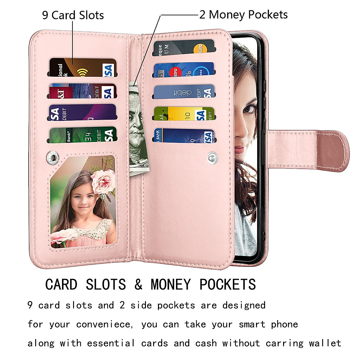 NJJEX Wallet Case for Samsung Galaxy A52S 5G / Galaxy A52 5G / Galaxy A52 Case [9 Card Slots] PU Leather Credit Card Holder Folio Flip [Detachable] Kickstand Magnetic Phone Cover & Lanyard [RoseGold]